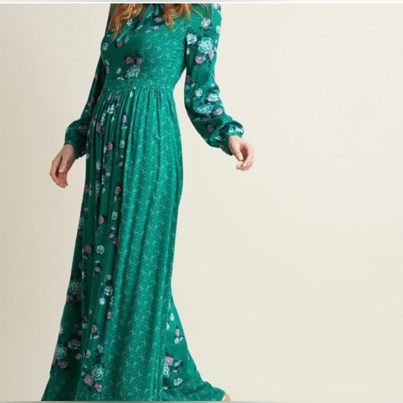 Modcloth | Dresses | Modcloth Green Floral Maxi Dress Tied Neckline ...